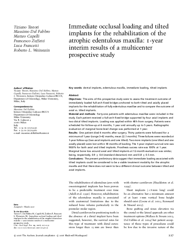 (PDF) Immediate occlusal loading and tilted implants for the rehabilitation of the atrophic ...