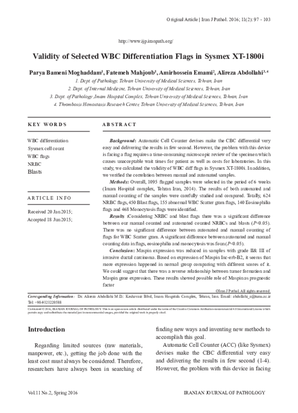 (PDF) Validity of Selected WBC Differentiation Flags in Sysmex XT-1800i
