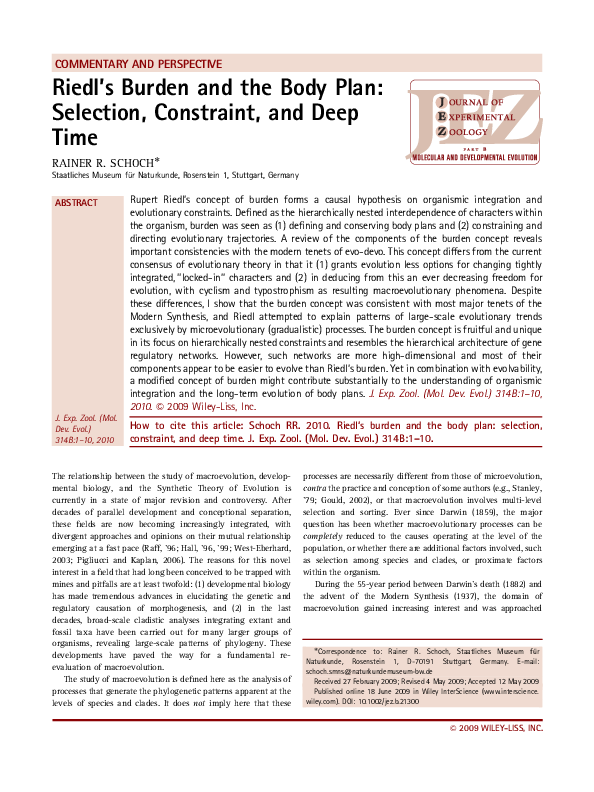 (PDF) Riedl's burden and the body plan: selection, constraint, and deep ...