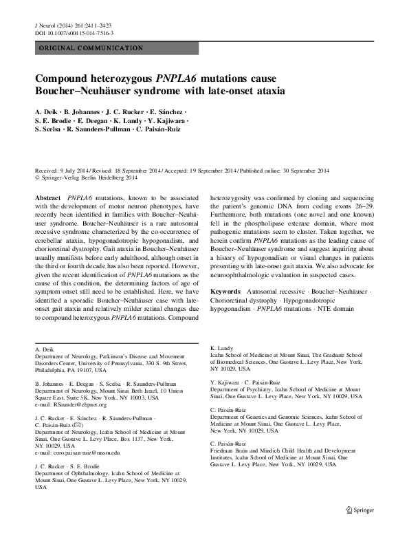 (PDF) Compound heterozygous PNPLA6 mutations cause Boucher–Neuhäuser ...