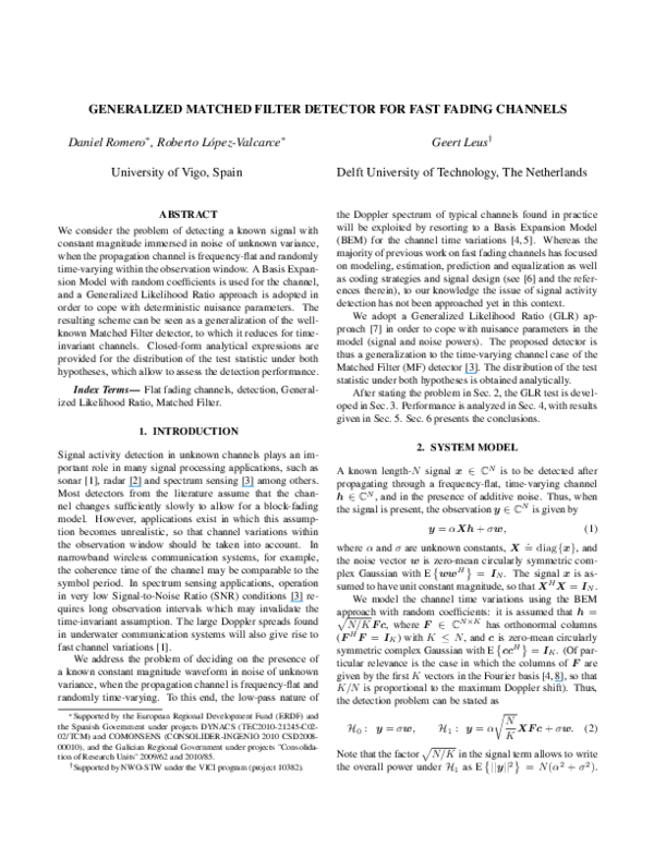 (PDF) Generalized matched filter detector for fast fading channels (PDF) Generalized matched filter detector for fast fading channels