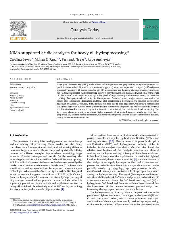 (PDF) NiMo supported acidic catalysts for heavy oil hydroprocessing