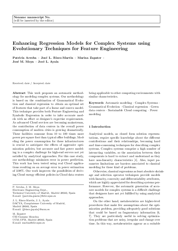 Pdf Enhancing Regression Models For Complex Systems Using Evolutionary Techniques For Feature