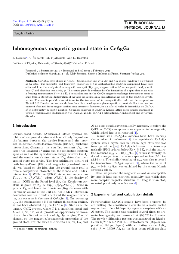 (PDF) Inhomogenous magnetic ground state in CeAgGa
