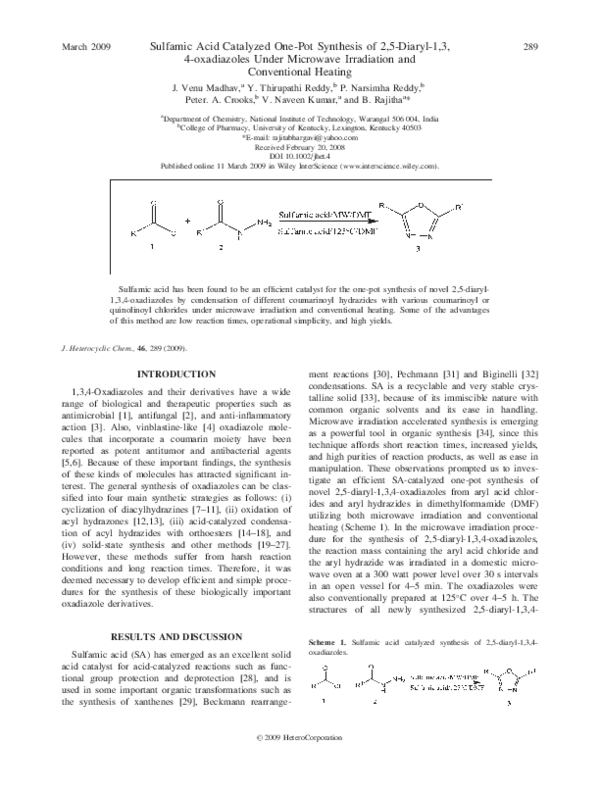 (PDF) Sulfamic acid catalyzed one-pot synthesis of 2,5-diaryl-1,3,4-oxadiazoles under microwave ...