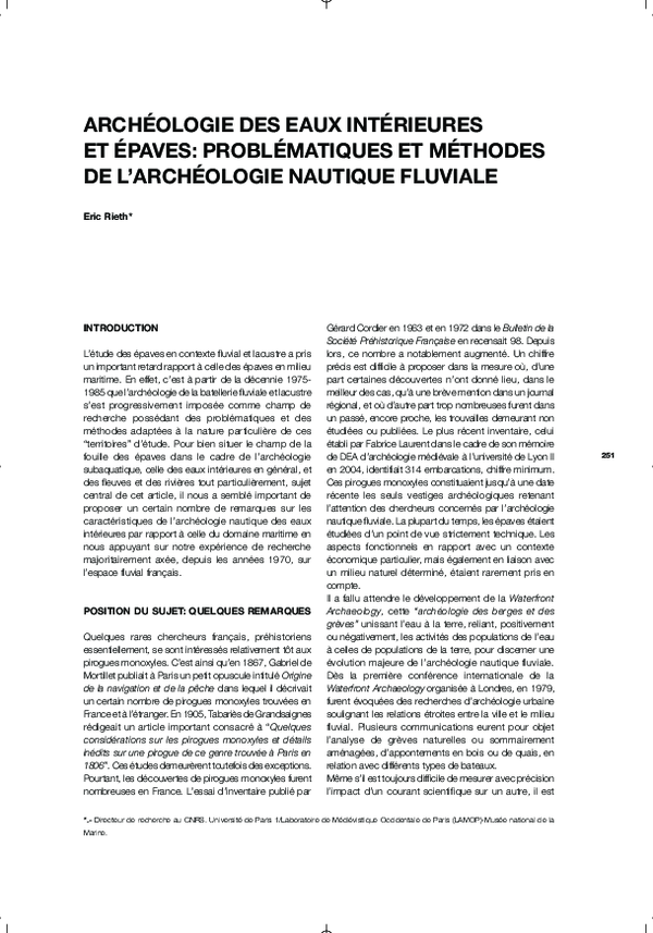 ARCHÉOLOGIE DES EAUX INTÉRIEURES ET ÉPAVES: PROBLÉMATIQUES ET MÉTHODES ...
