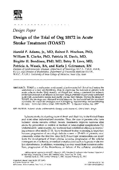 (PDF) Design of the trial of Org 10172 in acute stroke treatment (TOAST)