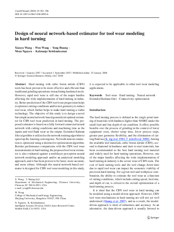 Pdf Design Of Neural Network Based Estimator For Tool Wear Modeling