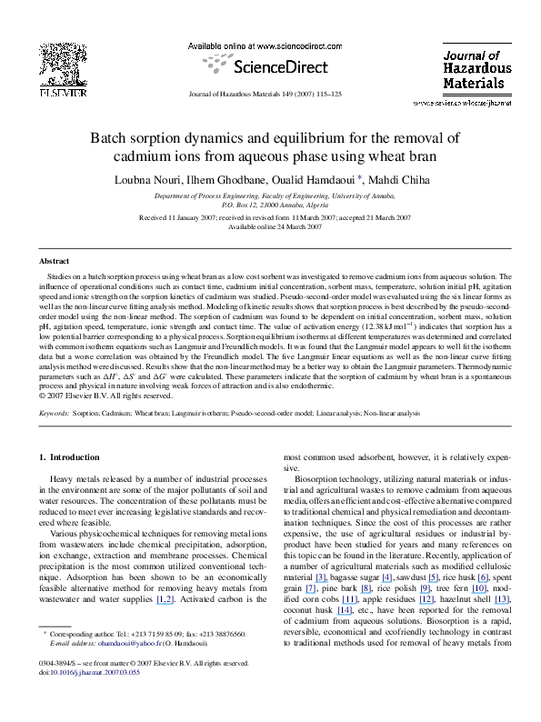 (PDF) Batch sorption dynamics and equilibrium for the removal of ...