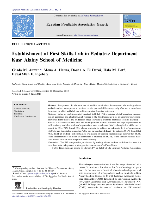 (PDF) Establishment of First Skills Lab in Pediatric Department – Kasr ...