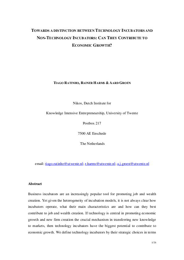 (PDF) Towards a distinction between technology incubators and non ... (PDF) Towards a distinction between technology incubators and non ...