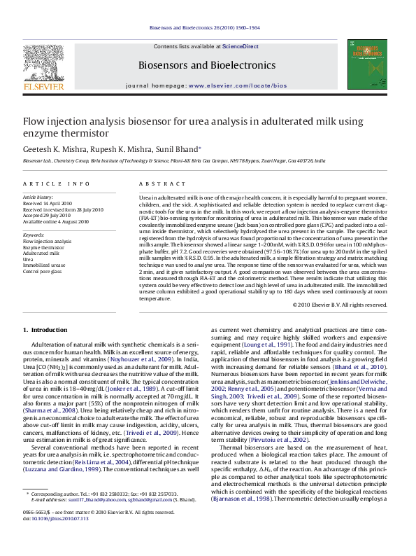 Pdf Flow Injection Analysis Biosensor For Urea Analysis In Adulterated Milk Using Enzyme