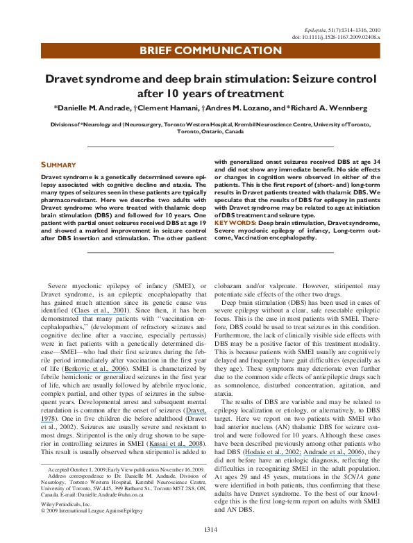 (PDF) Dravet syndrome and deep brain stimulation: Seizure control after 10 years of treatment