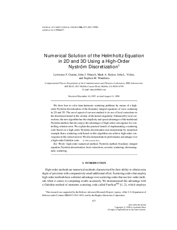 Pdf Numerical Solution Of The Helmholtz Equation In 2d And 3d Using A