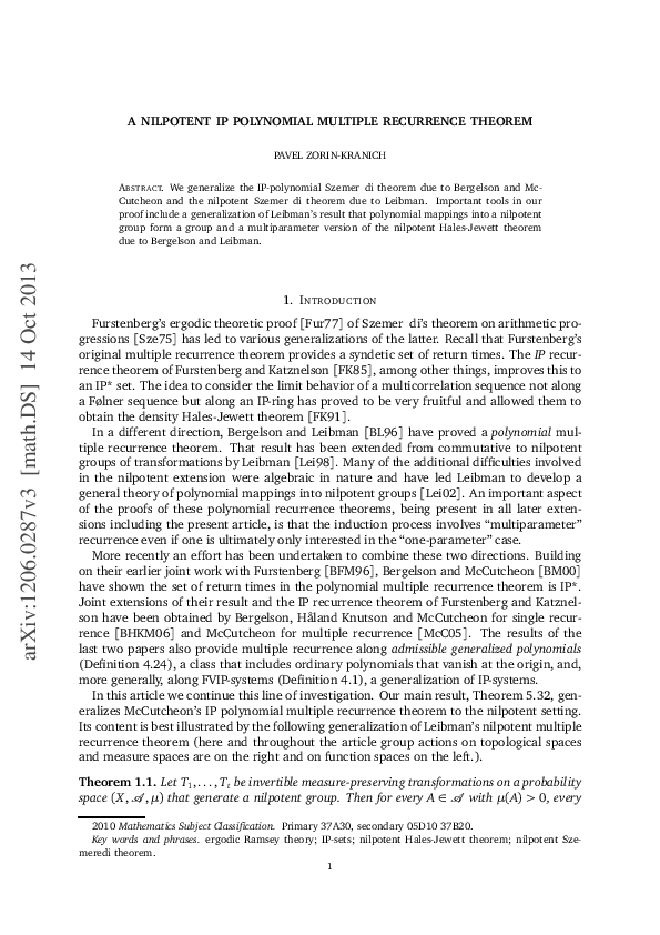 (PDF) A nilpotent IP polynomial multiple recurrence theorem