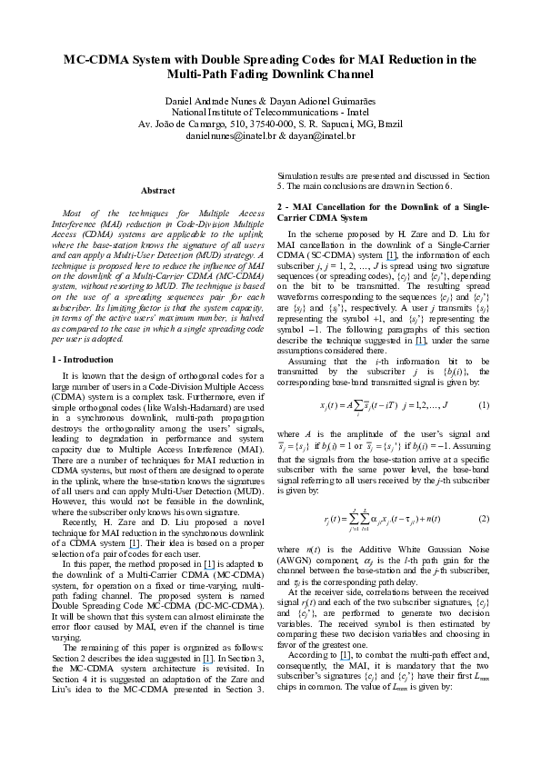 (PDF) MC-CDMA System with Double Spreading Codes for MAI Reduction in the Downlink MultiPath ...