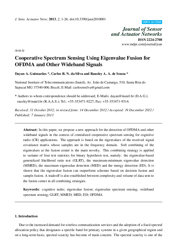 (PDF) Cooperative Spectrum Sensing Using Eigenvalue Fusion for OFDMA and Other Wideband Signals