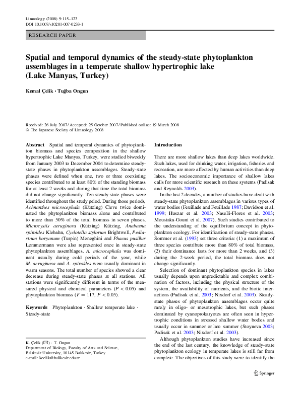(PDF) Spatial and temporal dynamics of the steady-state phytoplankton assemblages in a temperate ...