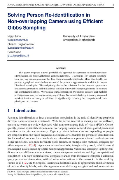Pdf Solving Person Re Identification In Non Overlapping Camera Using Efficient Gibbs Sampling