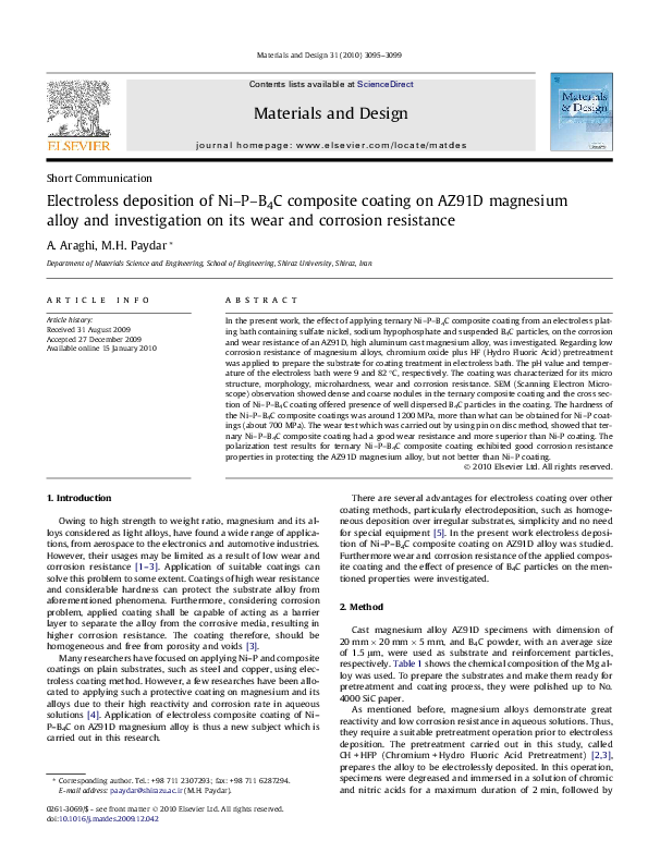 Pdf Electroless Deposition Of Ni P B4c Composite Coating On Az91d Magnesium Alloy And