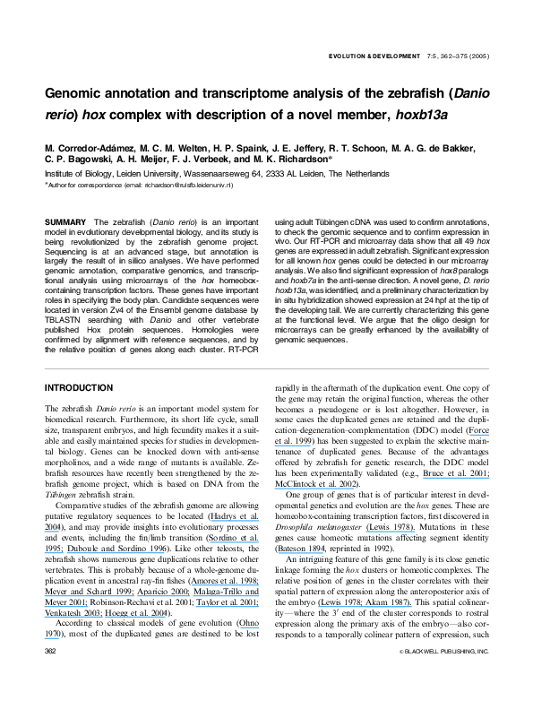 (PDF) Genomic annotation and transcriptome analysis of the zebrafish (Danio rerio) hox complex ...