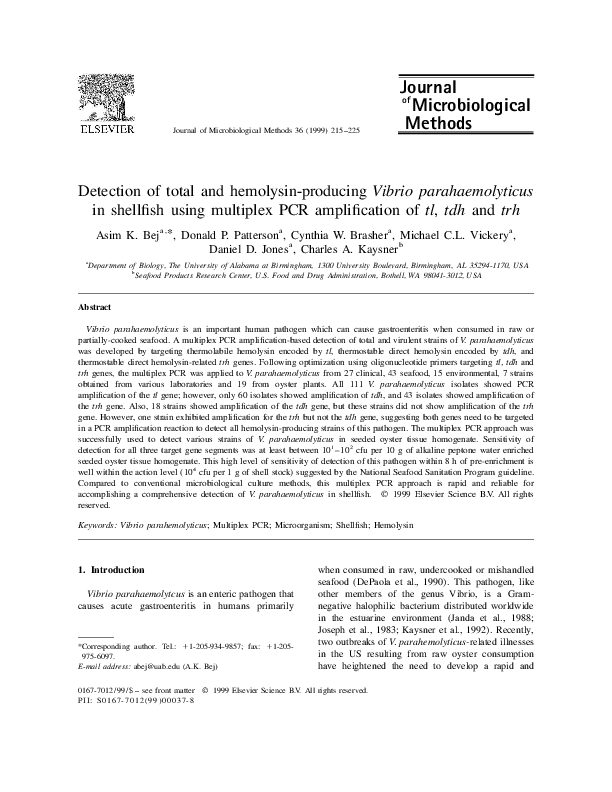 (PDF) Detection of total and hemolysin-producing Vibrio parahaemolyticus in shellfish using ...