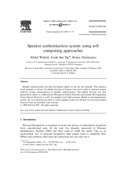 (PDF) Speaker authentication system using soft computing approaches