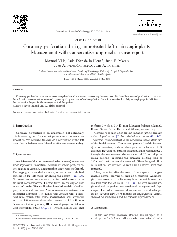 (PDF) Coronary perforation during unprotected left main angioplasty ...