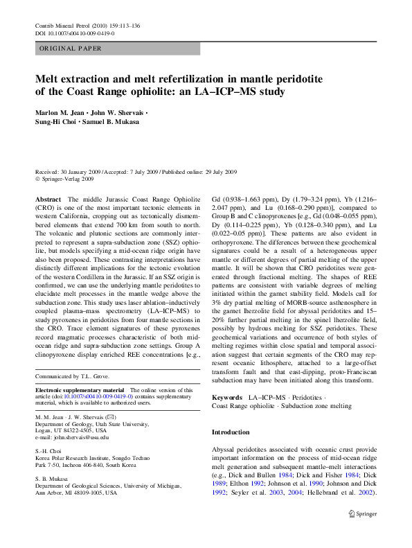 (PDF) Melt extraction and melt refertilization in mantle peridotite of ...