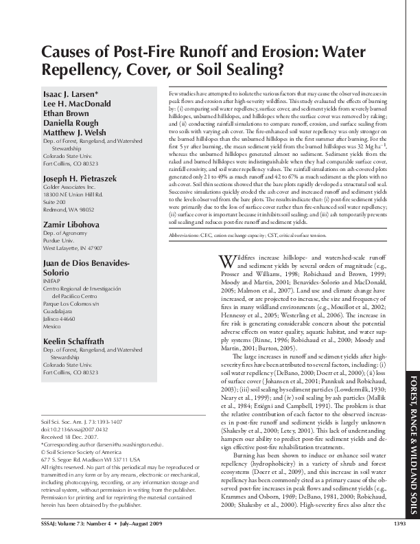 (PDF) Causes of Post-Fire Runoff and Erosion: Water Repellency, Cover ...