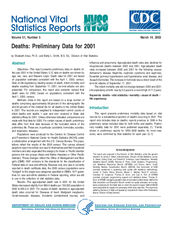 (PDF) Deaths: Preliminary Data for 2001