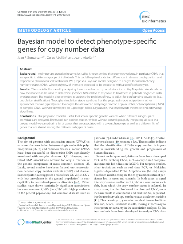 Pdf Bayesian Model To Detect Phenotype Specific Genes For Copy Number