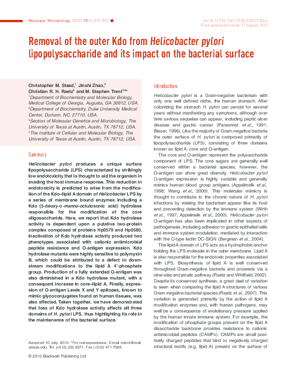 (PDF) Removal of the outer Kdo from Helicobacter pylori ...
