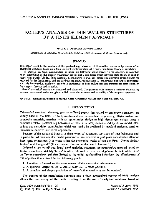 (PDF) KOITER'S ANALYSIS OF THIN-WALLED STRUCTURES BY A FINITE ELEMENT APPROACH