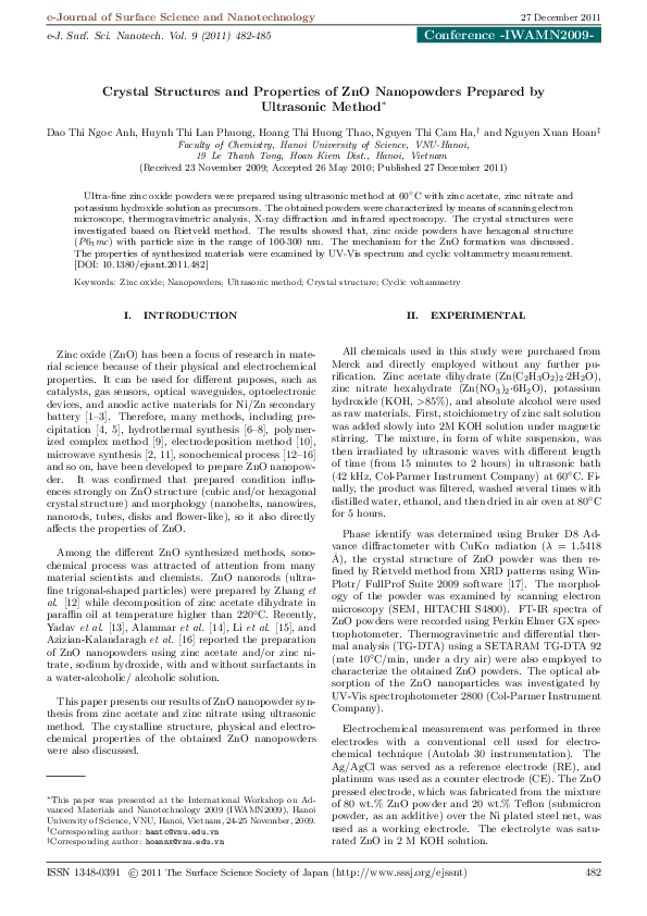 (PDF) Crystal Structures and Properties of ZnO Nanopowders Prepared by Ultrasonic Method