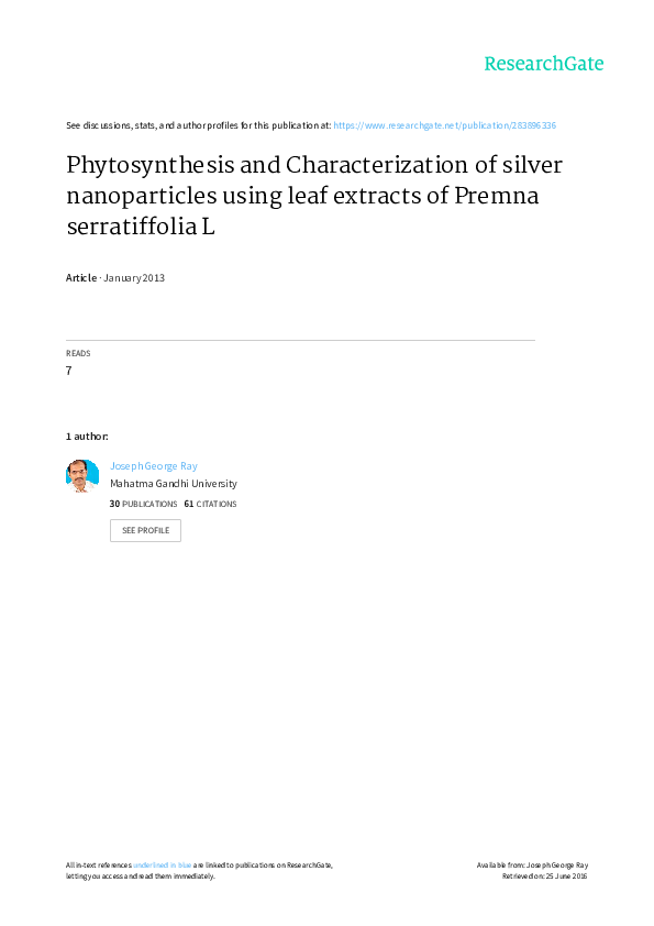 (PDF) Phytosynthesis and Characterization of silver nanoparticles using leaf extracts of Premna ...