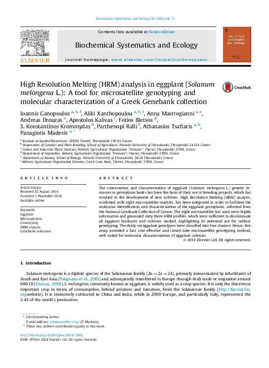 (PDF) High Resolution Melting (HRM) analysis in eggplant (Solanum melongena L.): A tool for ...