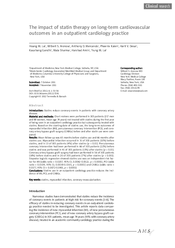 Pdf The Impact Of Statin Therapy On Long Term Cardiovascular Outcomes In An Outpatient