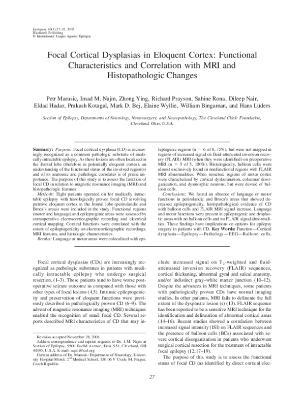 (PDF) Focal Cortical Dysplasias in Eloquent Cortex: Functional ...