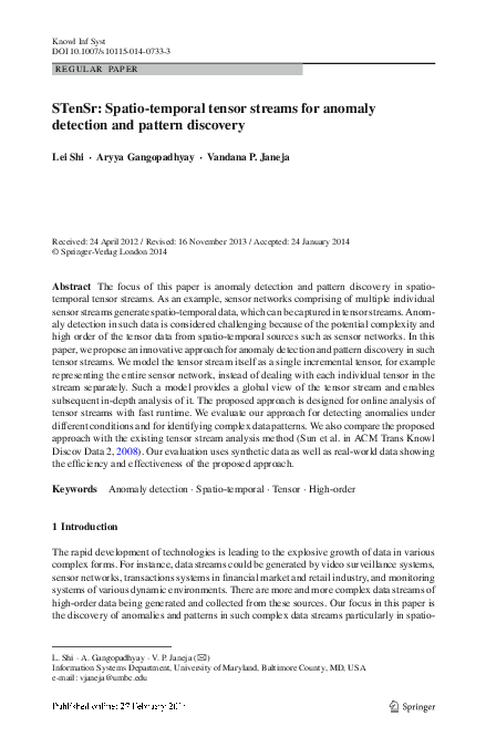 (PDF) STenSr: Spatio-temporal tensor streams for anomaly detection and pattern discovery