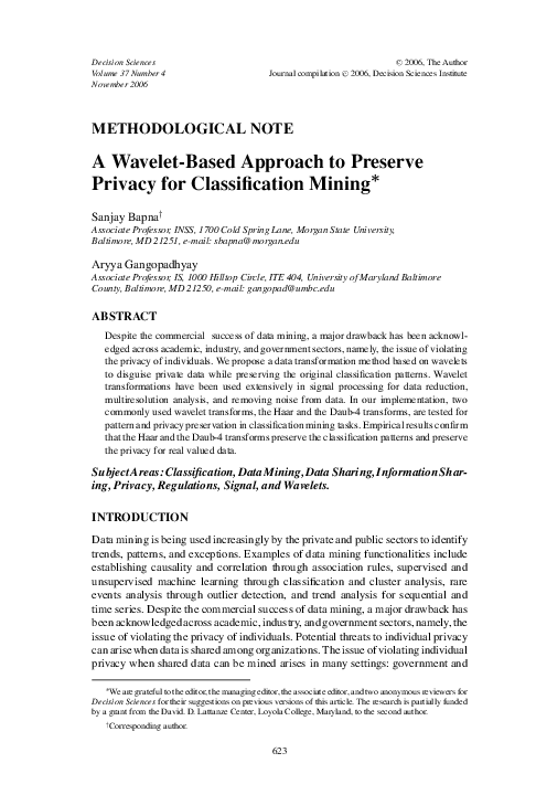 Pdf A Wavelet Based Approach To Preserve Privacy For Classification