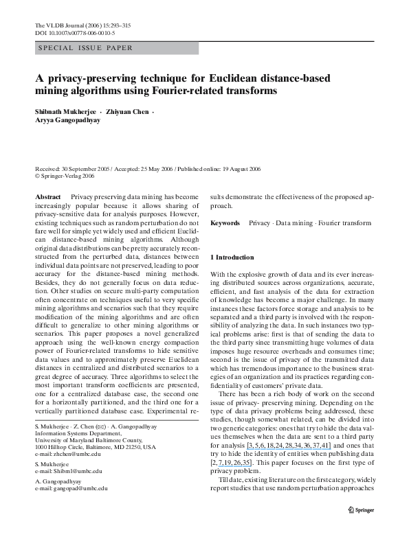 (PDF) A privacy-preserving technique for Euclidean distance-based ...