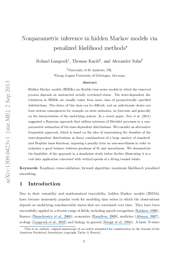 (PDF) Nonparametric inference in hidden Markov models using P-splines