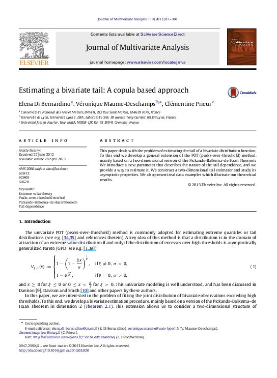 Pdf Estimating A Bivariate Tail A Copula Based Approach