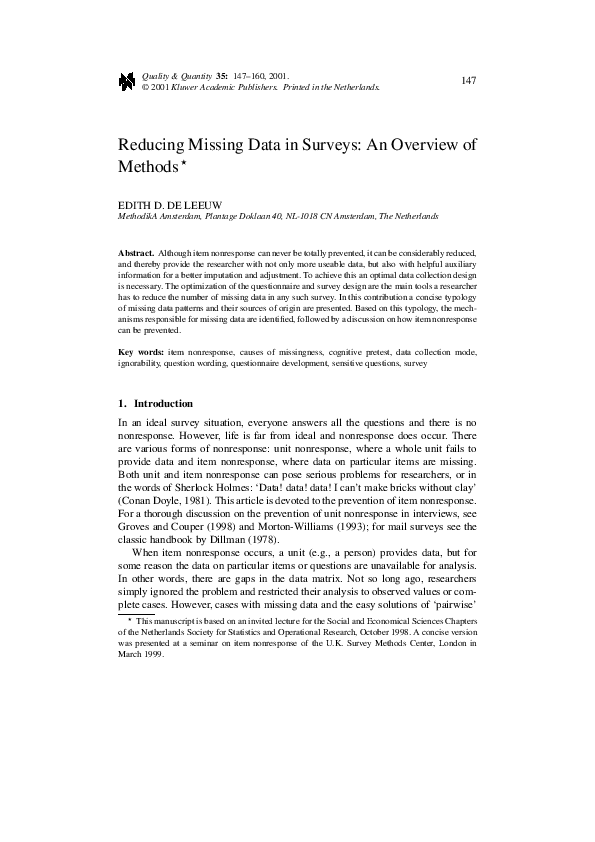 Pdf Reducing Missing Data In Surveys An Overview Of Methods