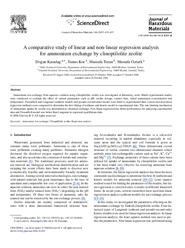 (PDF) A comparative study of linear and non-linear regression analysis for ammonium exchange by ...