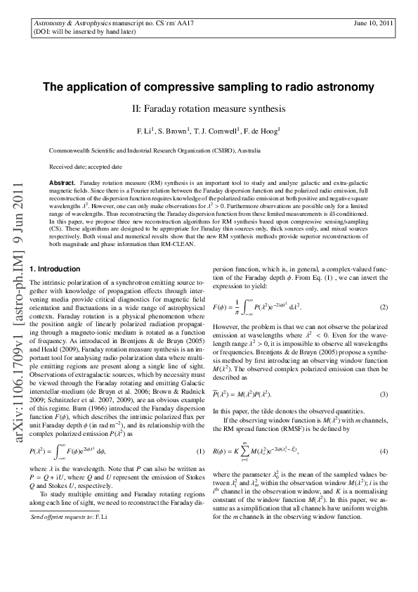 (PDF) The application of compressive sampling to radio astronomy II: Faraday rotation measure ...