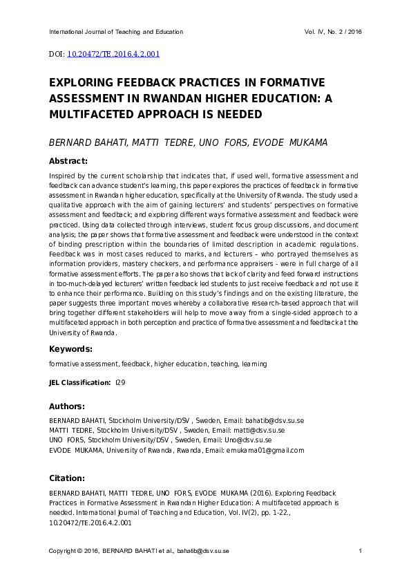 (PDF) EXPLORING FEEDBACK PRACTICES IN FORMATIVE ASSESSMENT IN RWANDAN HIGHER EDUCATION: A ...