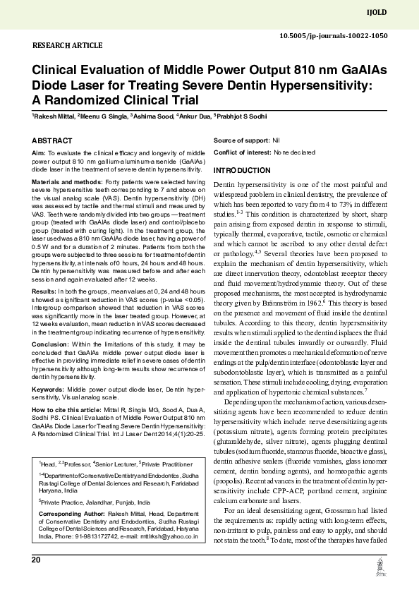 (PDF) Clinical Evaluation of Middle Power Output 810 nm GaAlAs Diode ...