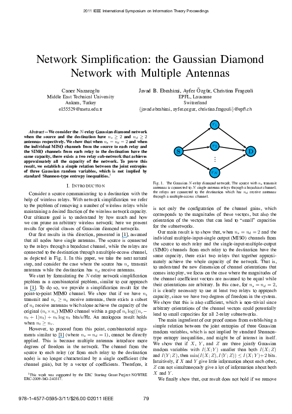 (PDF) Network Simplification: The Gaussian diamond network with multiple antennas